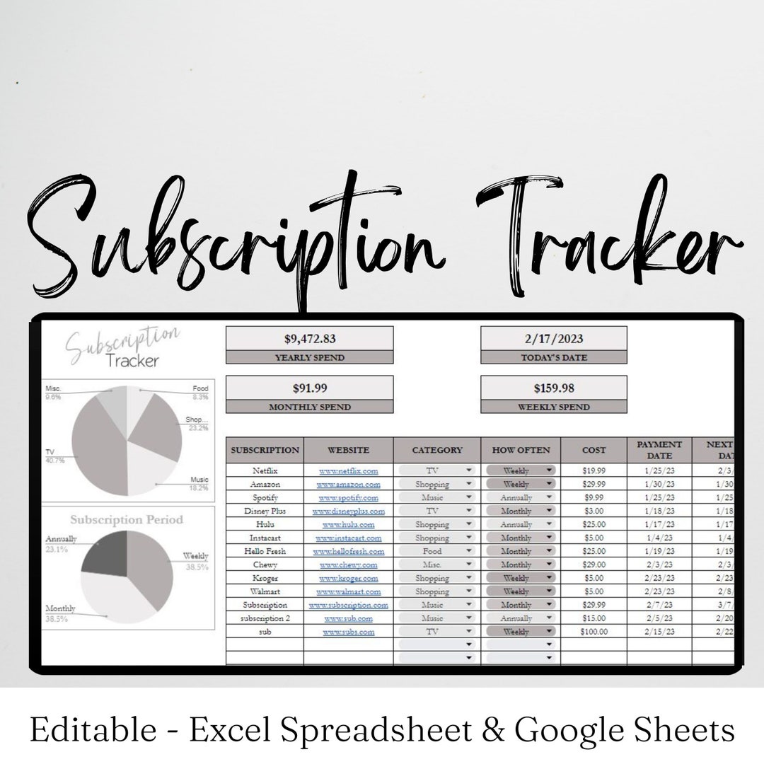 Subscriptions Tracker Excel Spreadsheet, Subscription Tracker Printable ...