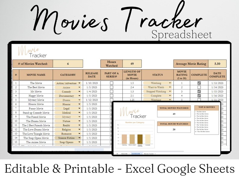 Movie Tracker Excel Spreadsheet, Movies Tracking Google Sheets, Film ...