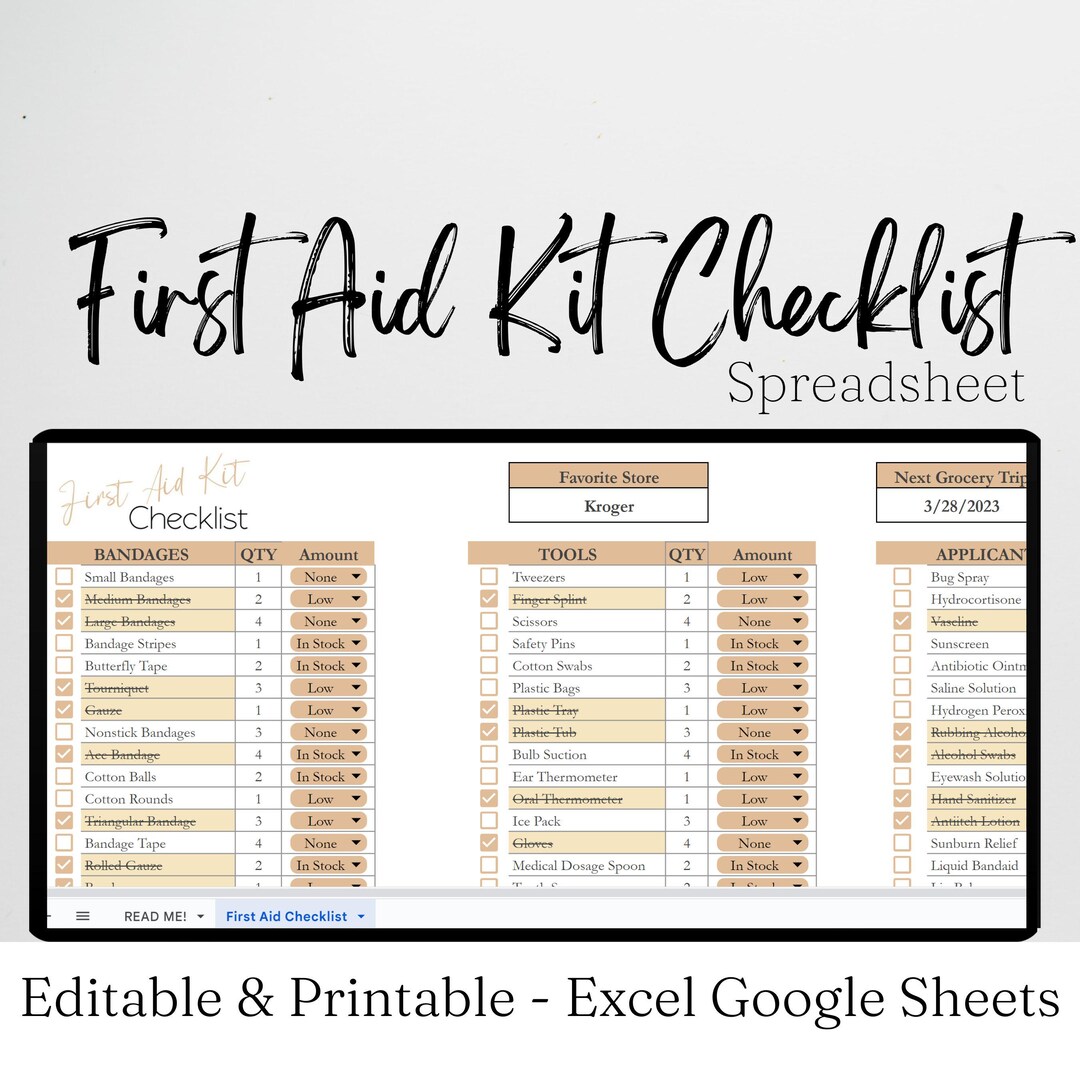 First Aid Checklist Google Sheet, First Aid Supply List, Emergency ...