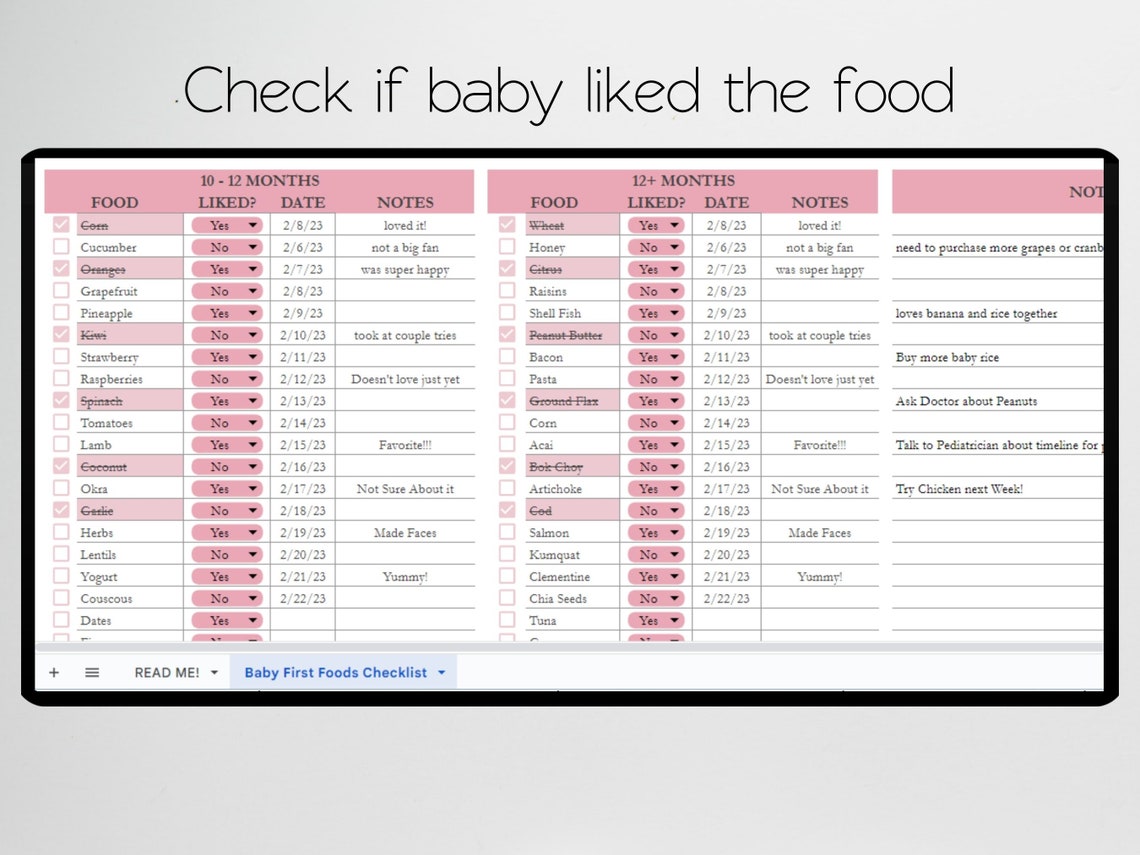 Baby Food Tracker Google Sheets Baby Food Checklist Baby - Etsy