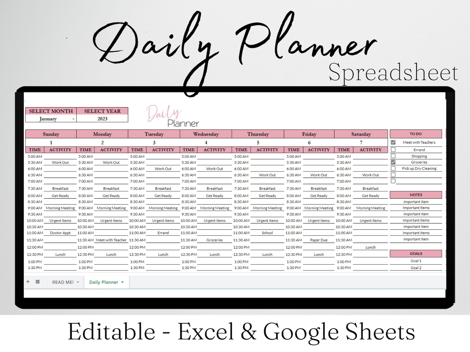 Daily Hourly Planner Excel Daily Planner Printable Daily - Etsy