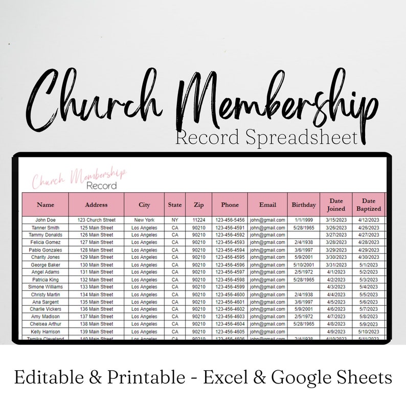Church Membership Directory Template Excel Spreadsheet, Church ...
