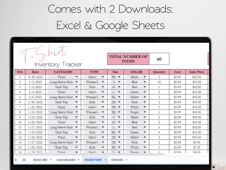 Tshirt Inventory Tracker, Tshirt Inventory Spreadsheet Template, Log ...