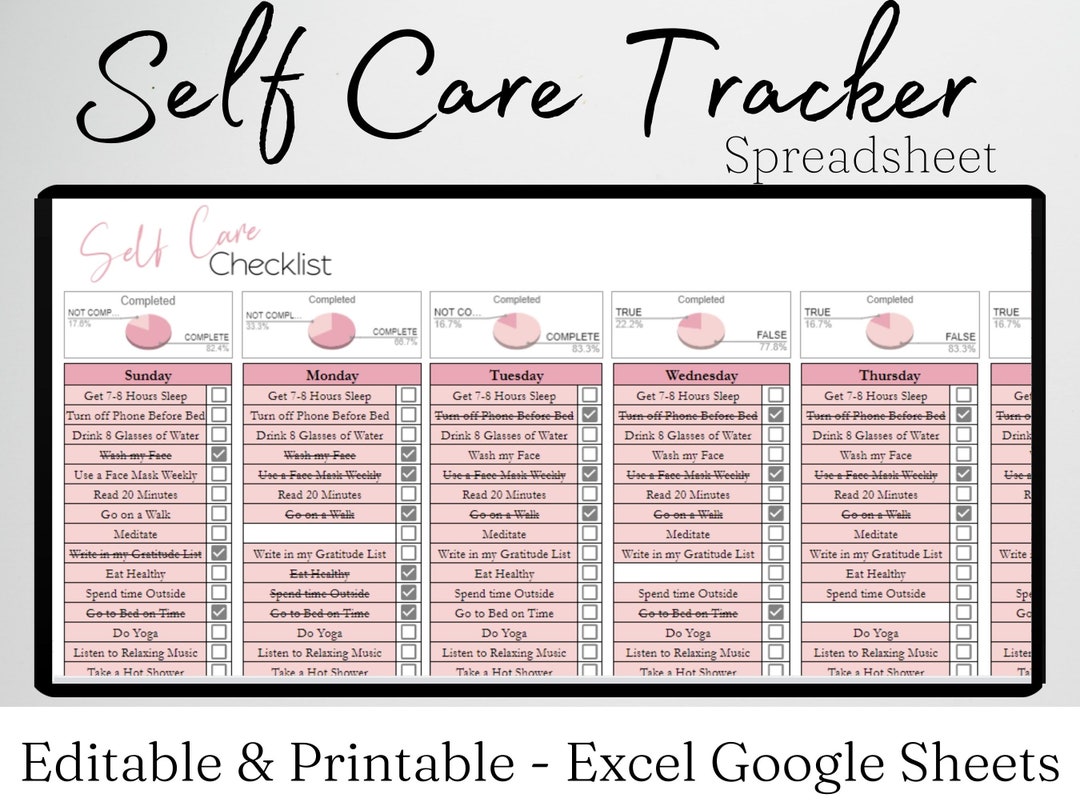 Self Care Tracker Excel Spreadsheet, Self Care Checklist Template ...