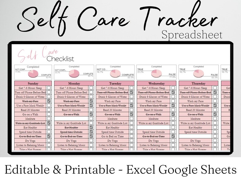 Self Care Tracker Excel Spreadsheet, Self Care Journal Template ...