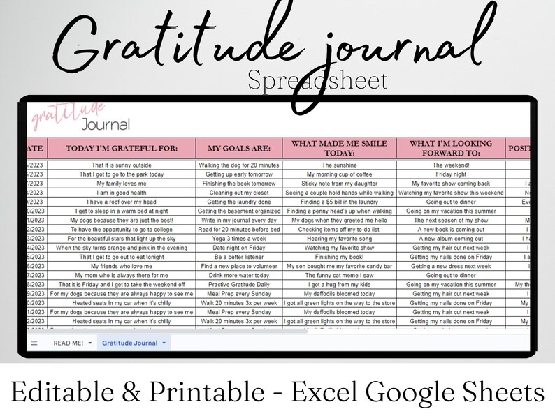 Gratitude Journal Template Excel Spreadsheet Mindfulness - Etsy