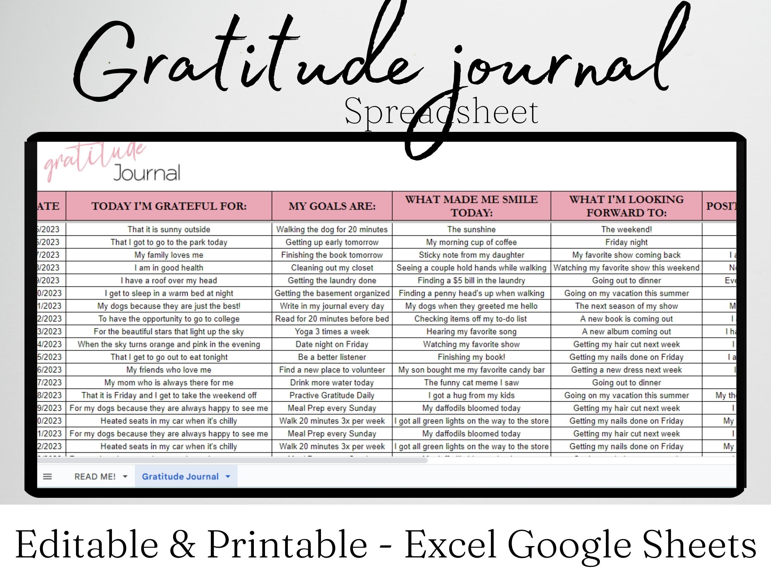 Gratitude Journal Template Excel Spreadsheet, Mindfulness Journal, Love ...
