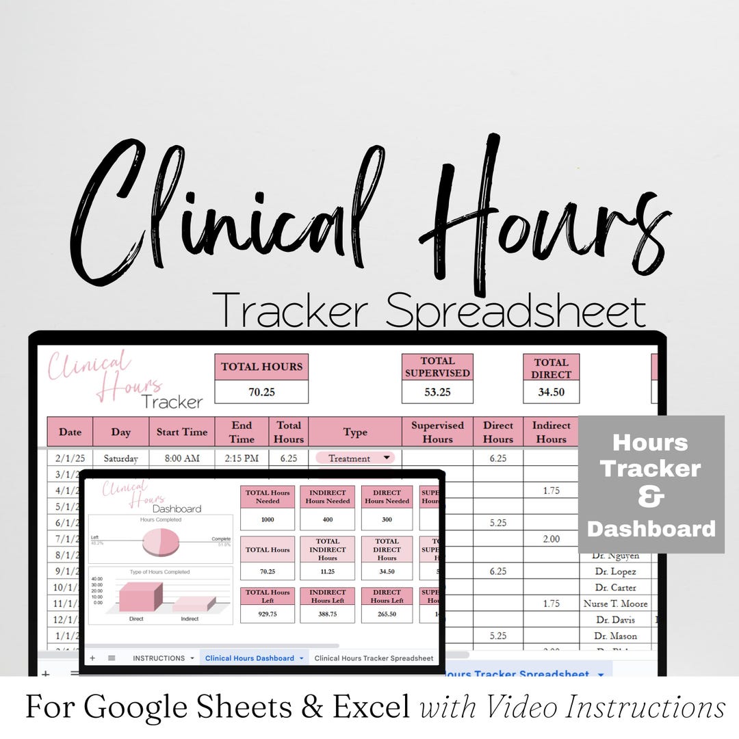 Clinical Hours Tracker Spreadsheet, Residency Hours Sheet, Supervision Log, Licensure, Nursing ...