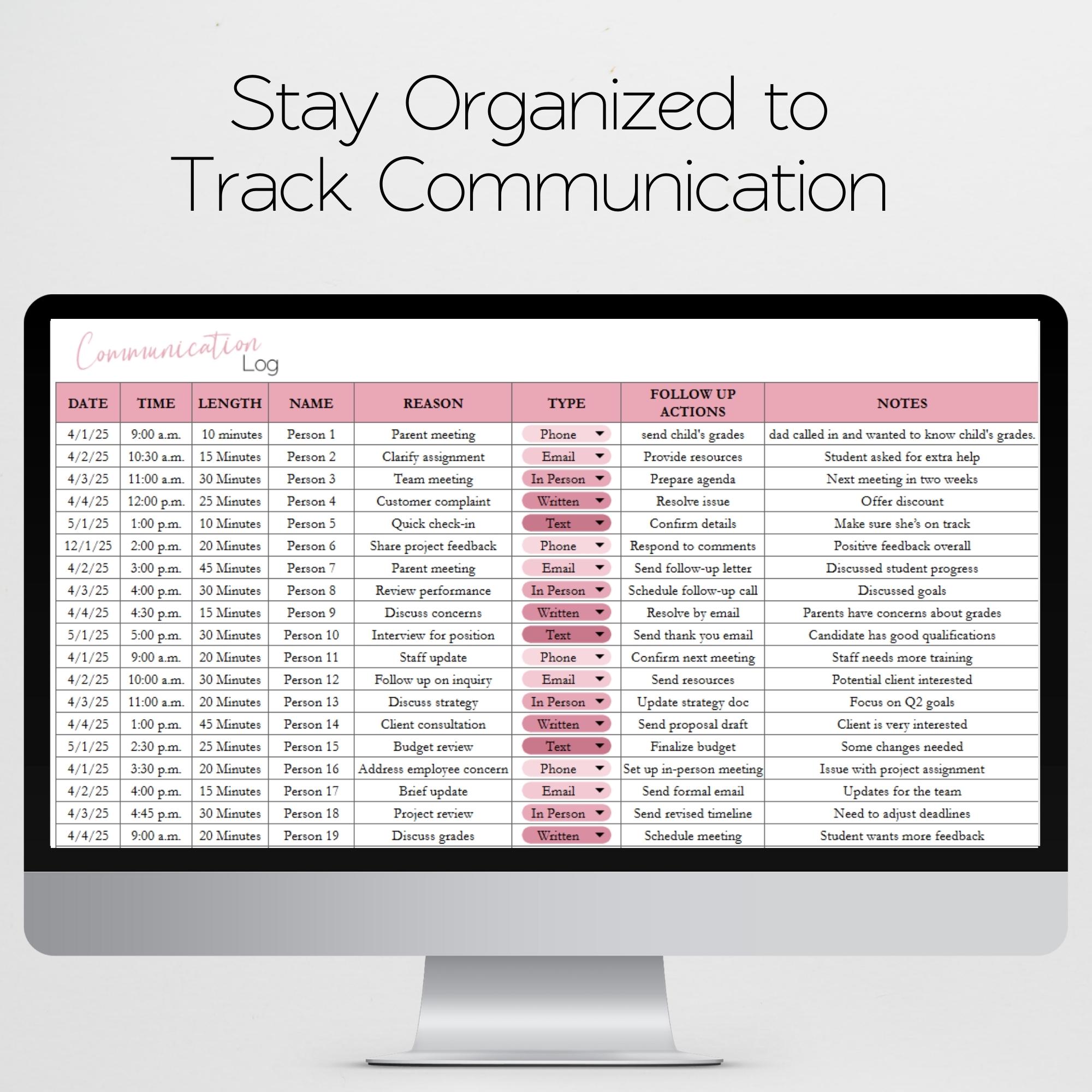 Communication Log Template, Phone Log, Email Tracker, Parent Call Log ...