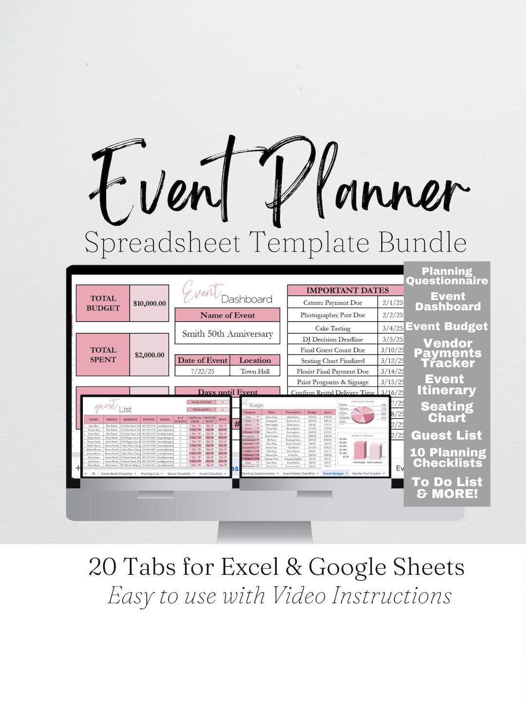 Event Planner Spreadsheet, Event Management Planner, Party Planning ...