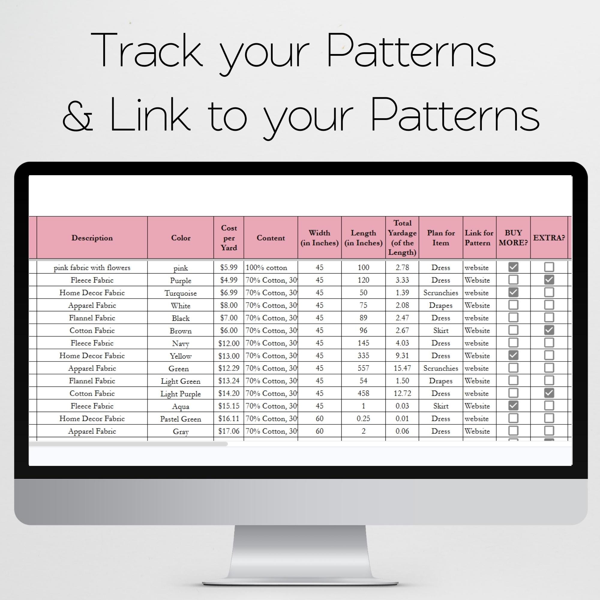 Fabric Inventory Tracker Excel Spreadsheet, Sewing Organizer, Fabric ...