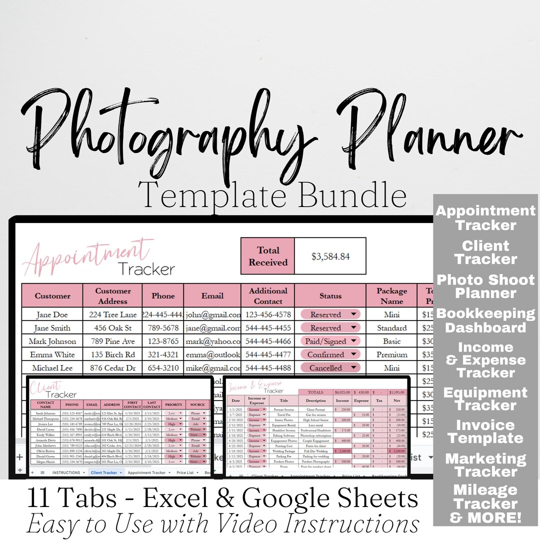 Photography Business Planner Bundle Spreadsheet Template, Photographer ...