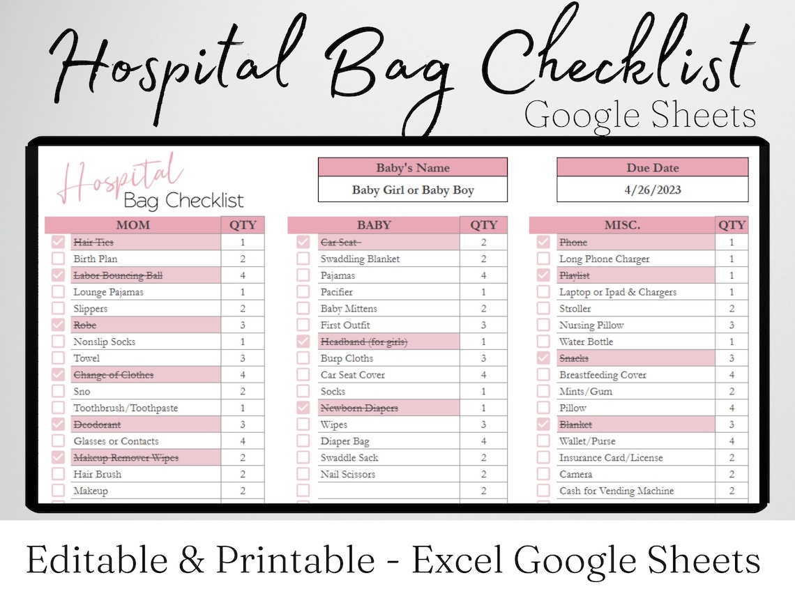 Hospital Bag Checklist for Labor and Delivery Google Sheets - Etsy
