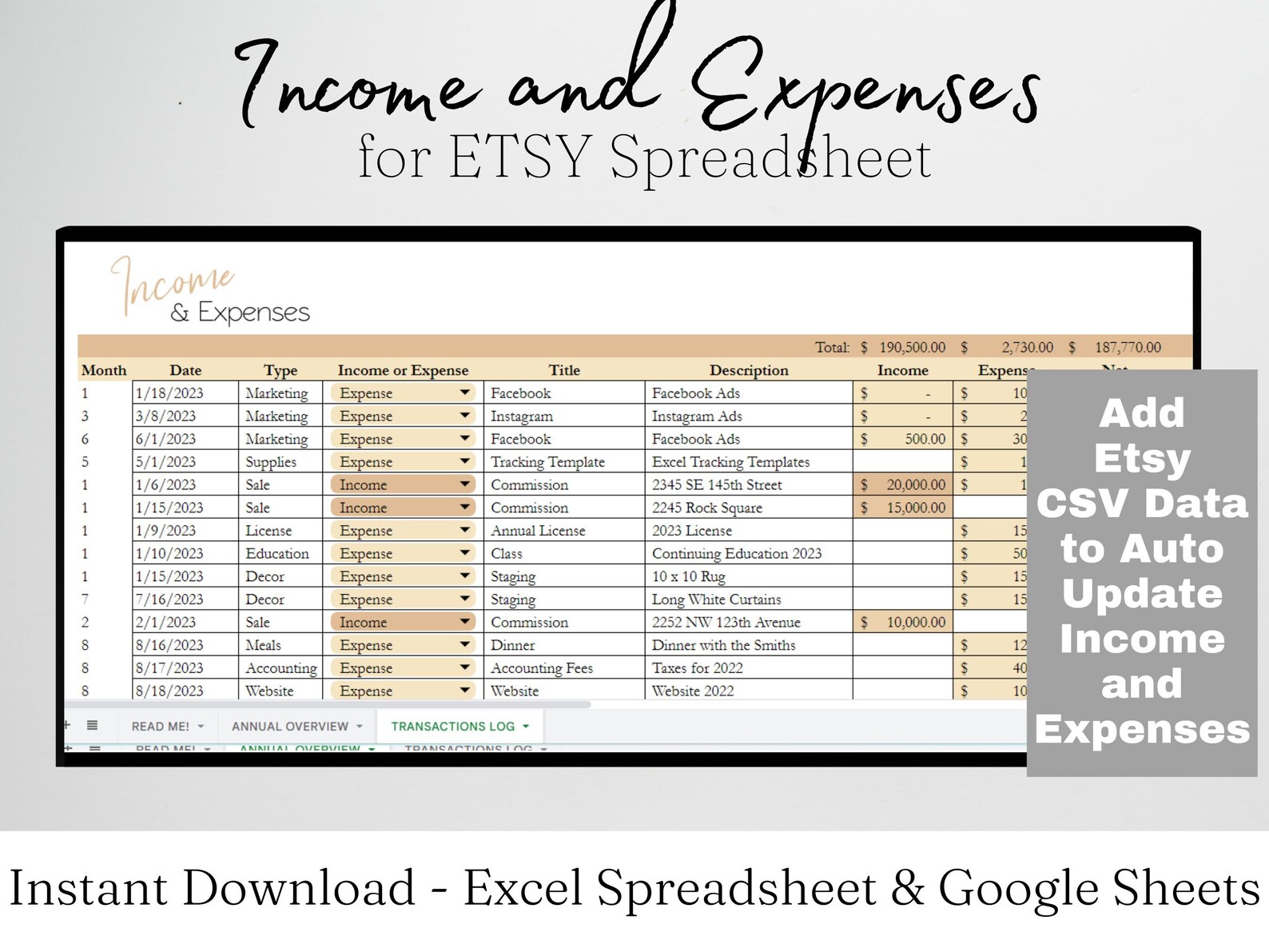 Income and Expense Tracker Small Business for Etsy Sellers, Income and ...