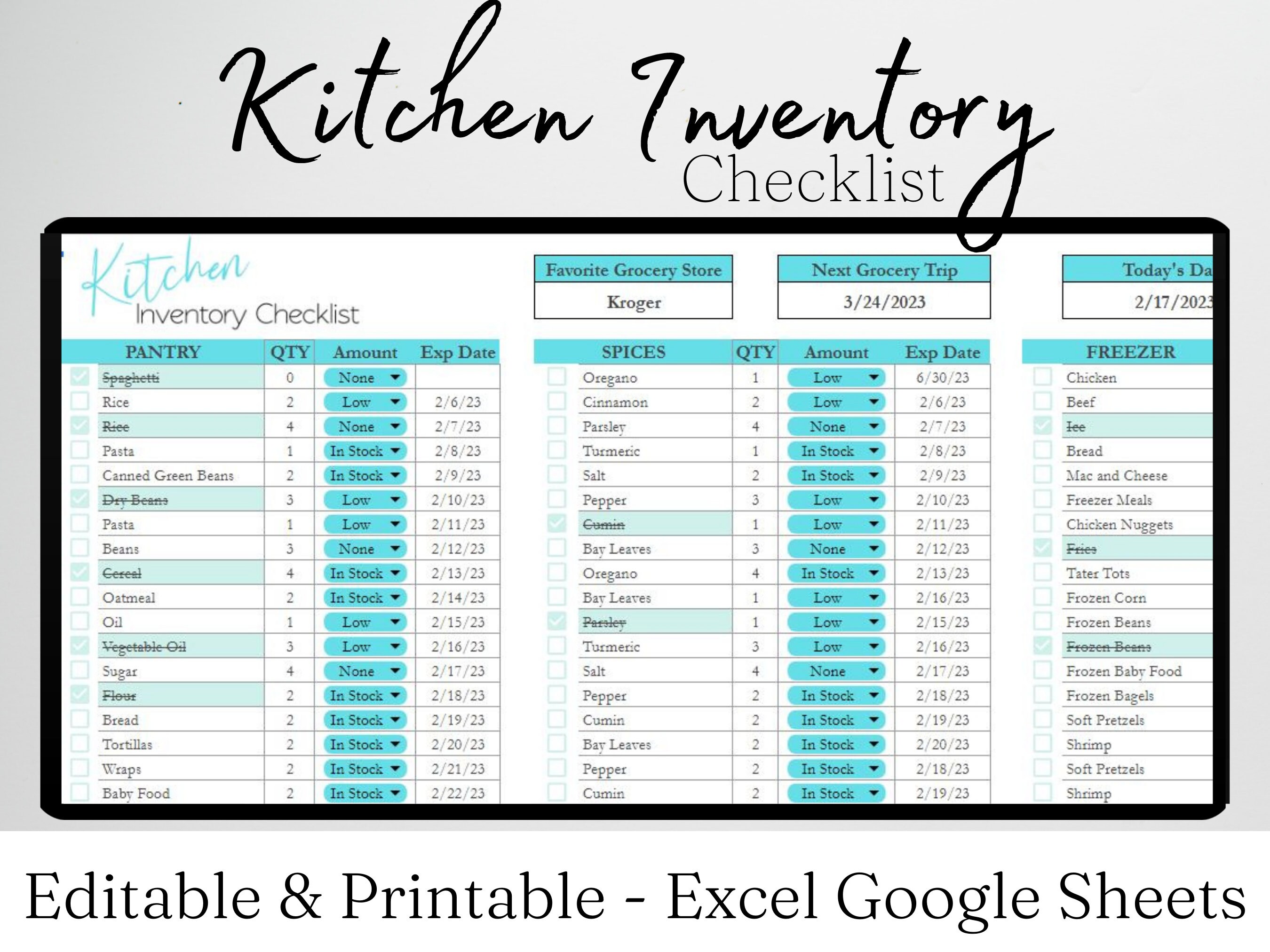 Kitchen Inventory Checklist, Freezer Inventory Planner, Pantry ...