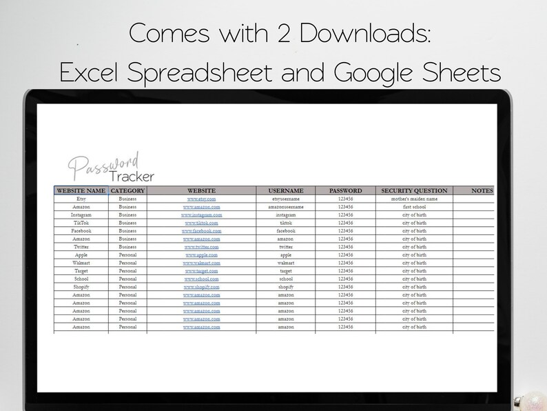 Password Tracker Excel Spreadsheet Password Tracker Google - Etsy