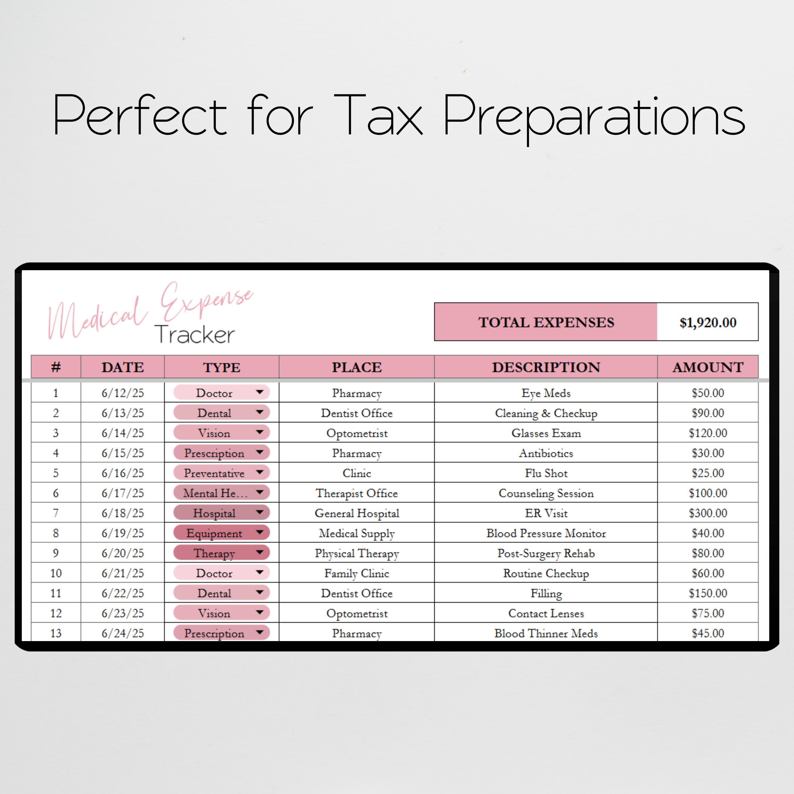 Medical Expense Tracker, Tax Deductions Tracking Sheet, HSA Tracker FSA ...