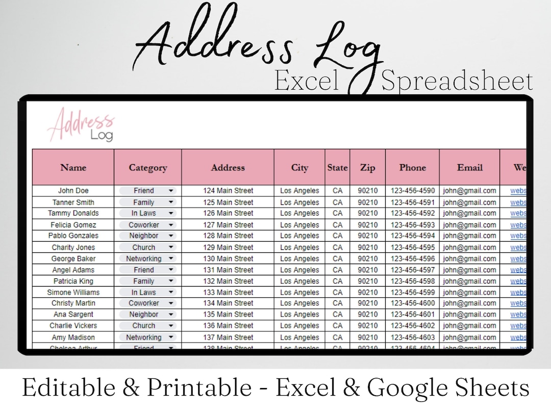 Address Tracker Template Excel Spreadsheet Address Book Address Log