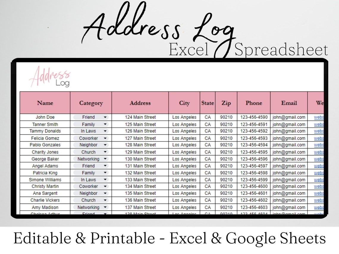 Address Tracker Template Excel Spreadsheet Address Book - Etsy