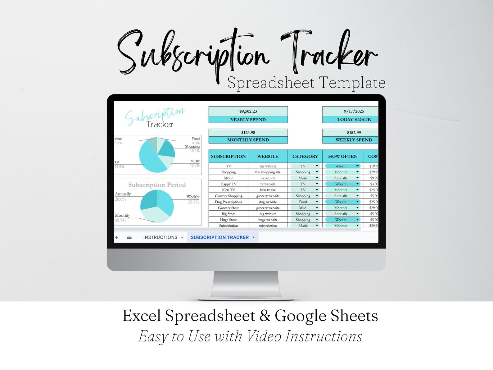 Subscription Tracker Excel Spreadsheet, Subscriptions Tracker Google ...