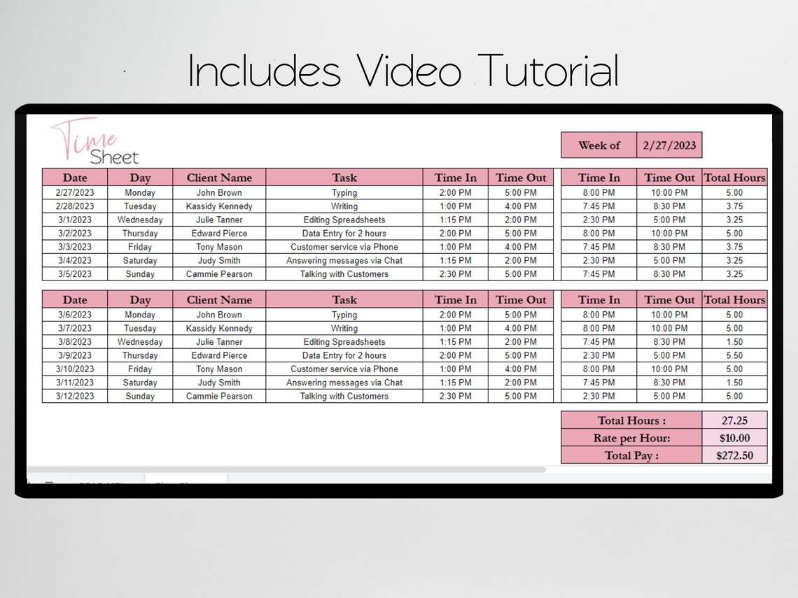 Time Sheet Tracker Employee Time Tracker Weekly Time Sheet - Etsy