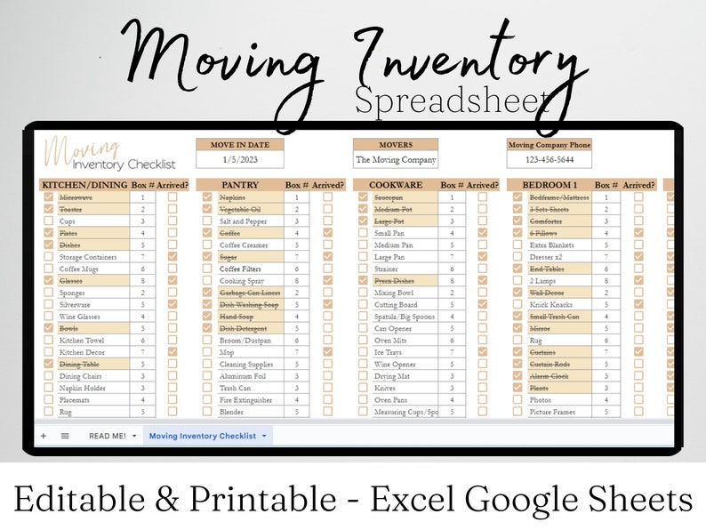 Moving Inventory List Excel Spreadsheet Moving Planner Google - Etsy