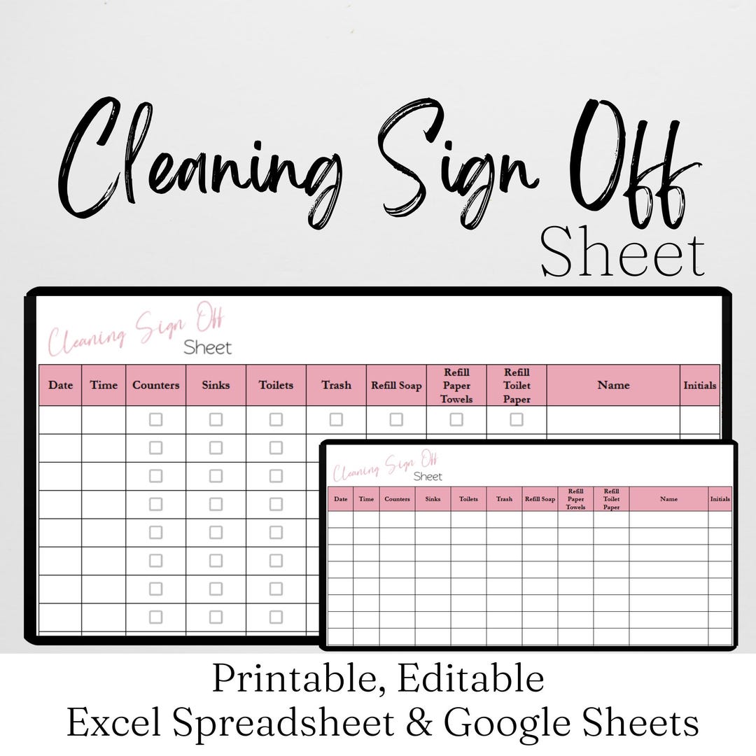 Cleaning Sign off Sheet, Bathroom Cleaning Template, Restroom Log ...