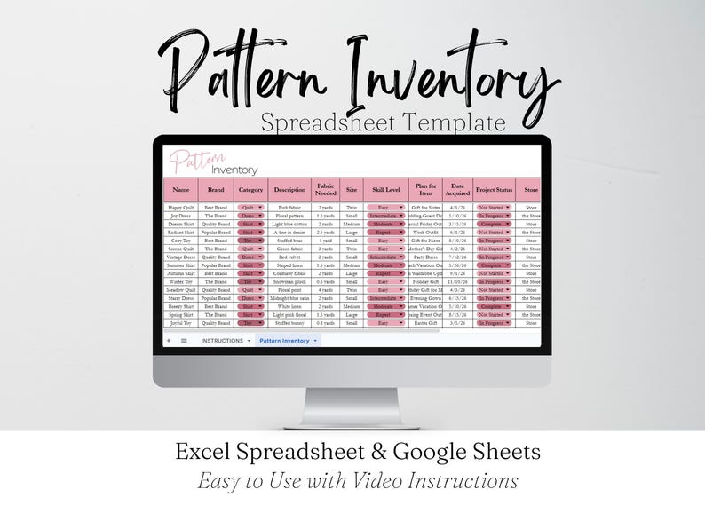 Pattern Inventory Tracker Spreadsheet Template, Pattern Organizer Craft ...