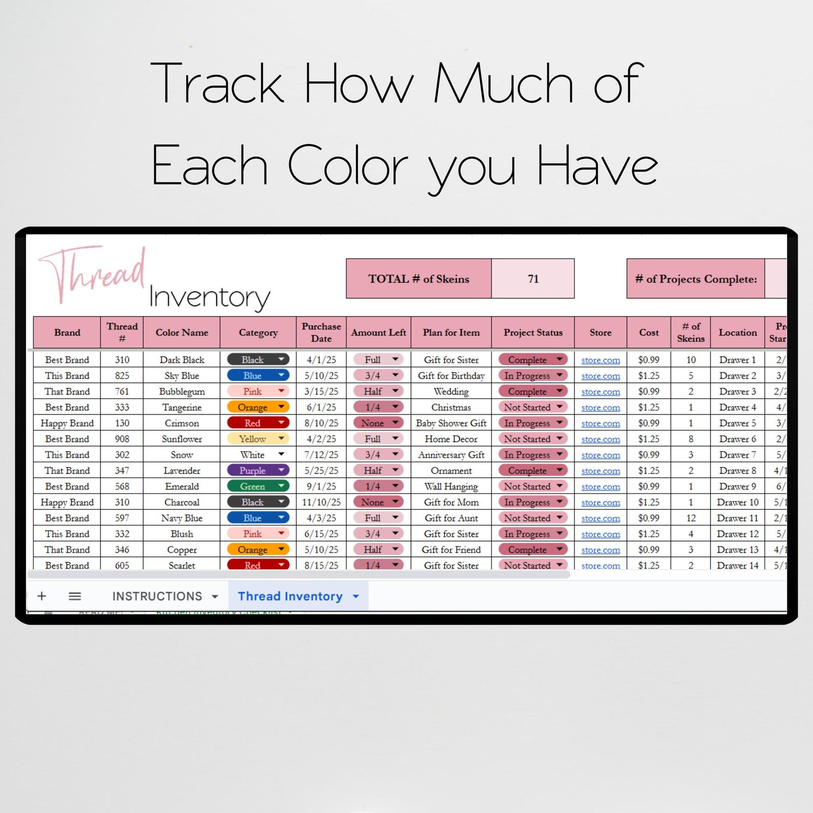 Thread Inventory Tracker Spreadsheet Template, Cross Stitch Thread ...