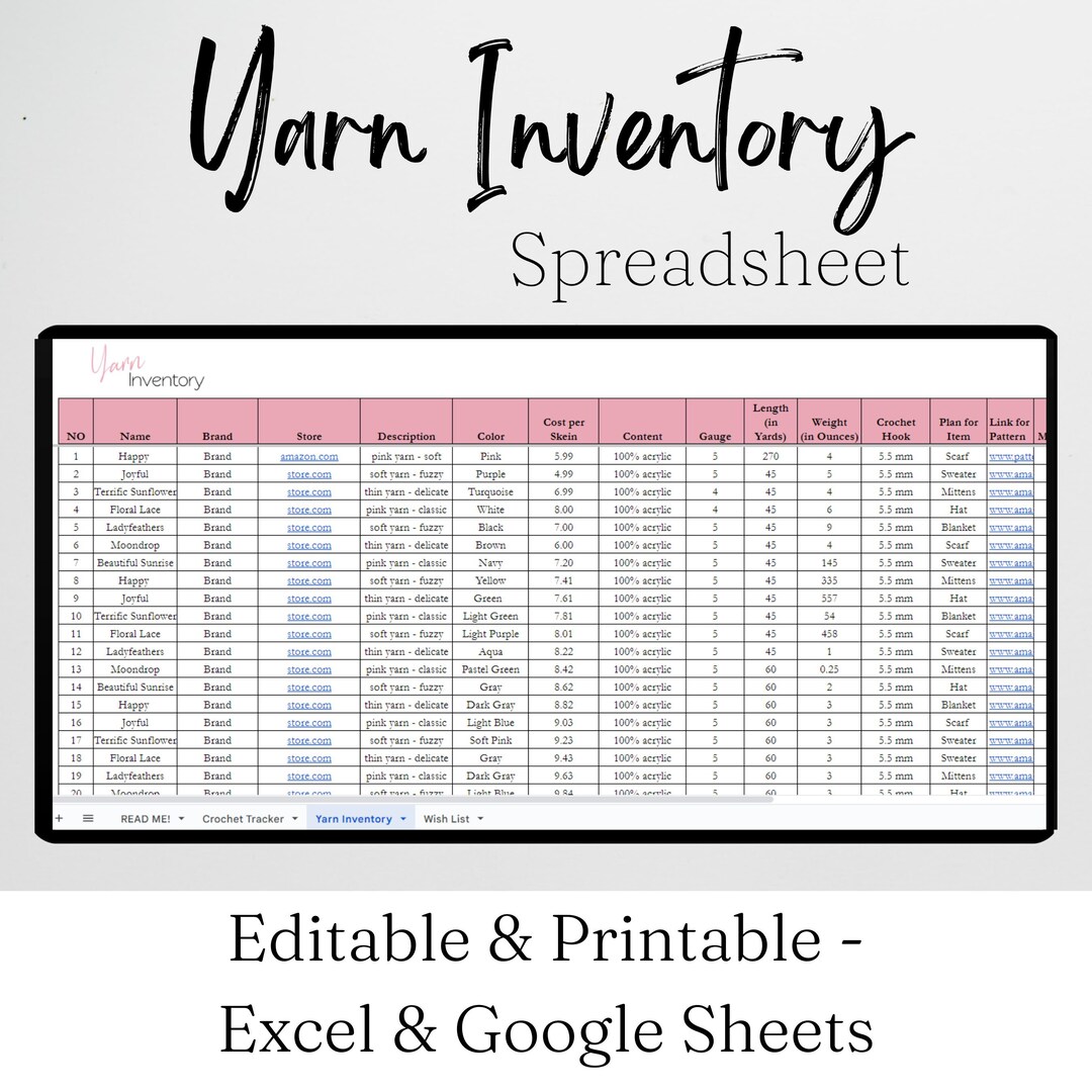 Yarn Inventory Tracker Excel Spreadsheet, Yarn Organizer Worksheet ...