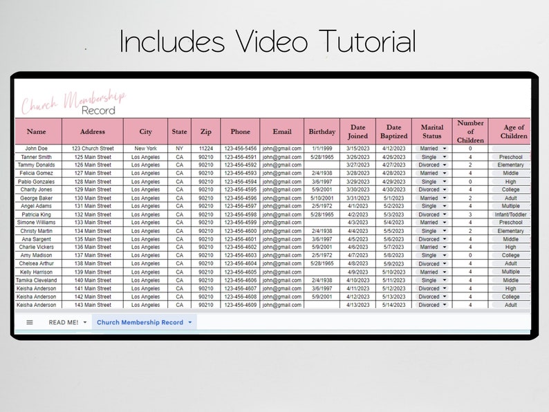 Church Membership Directory Template Excel Spreadsheet, Church ...