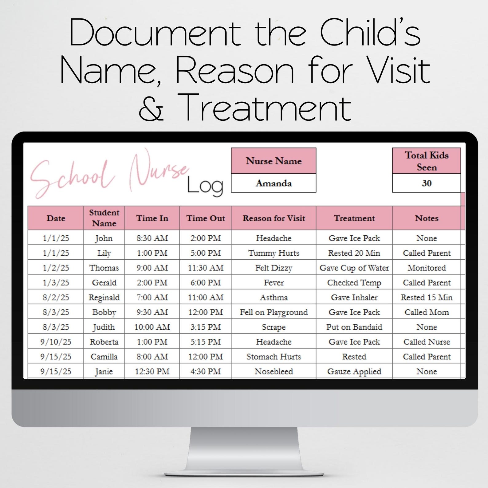 School Nurse Log Template, School Clinic Visit Log Google Sheets, Daily ...