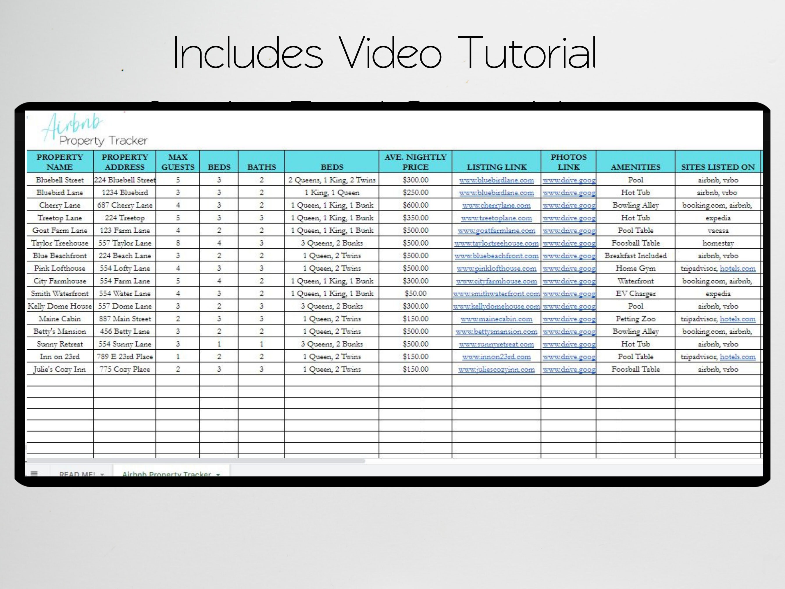 Property List Tracker for Short Term Rental Property Management, Rental ...