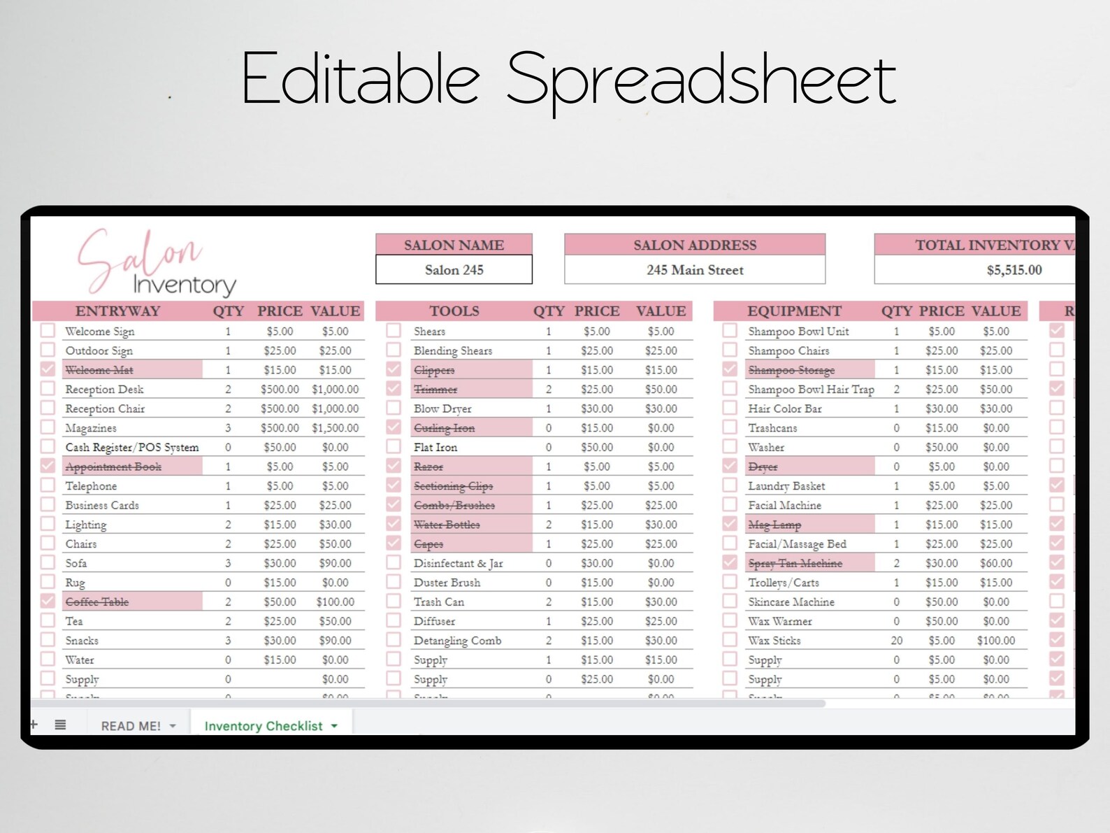Salon Inventory Template Salon Inventory Tracker Log Beauty - Etsy