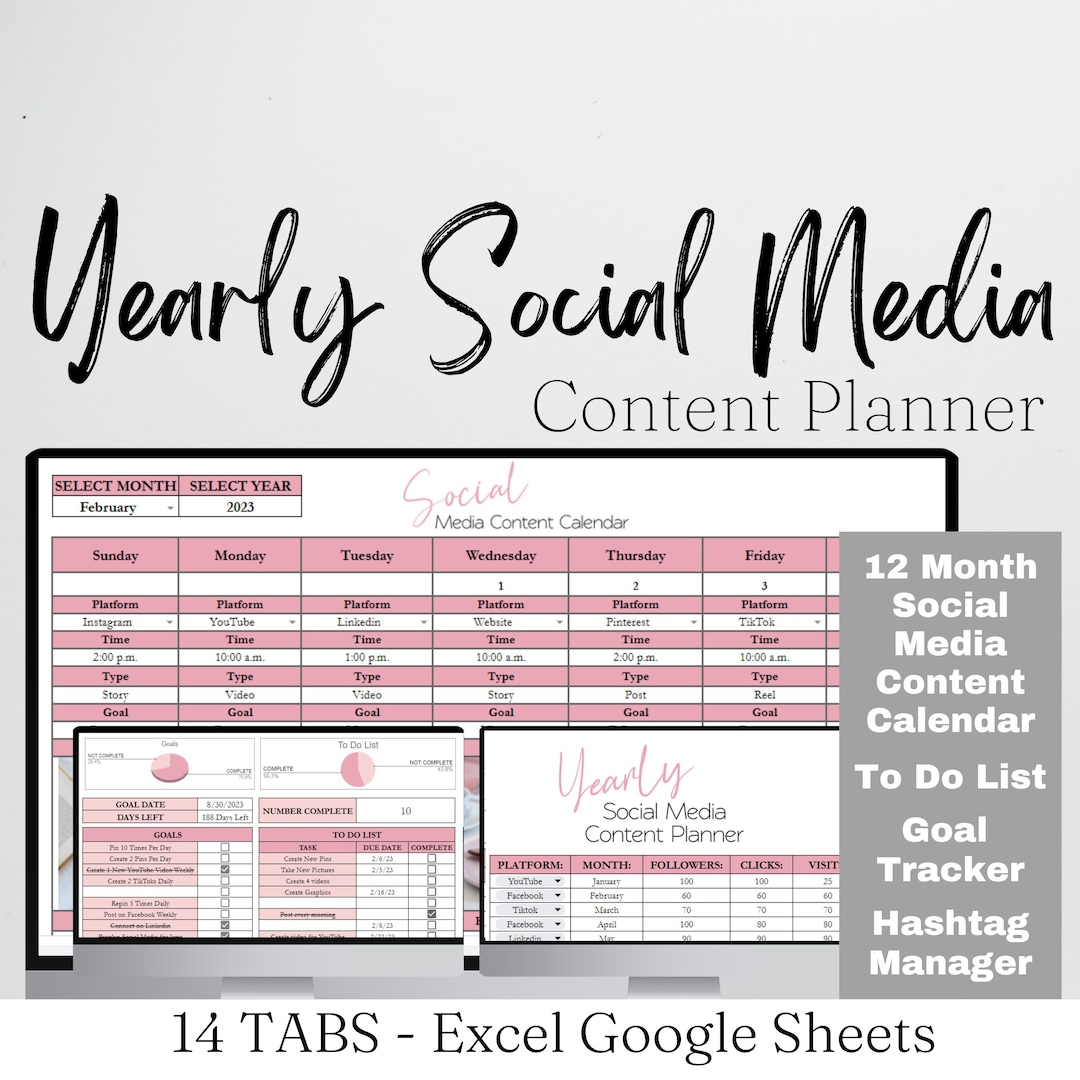 Yearly Social Media Planner, Social Media Content Calendar Template ...