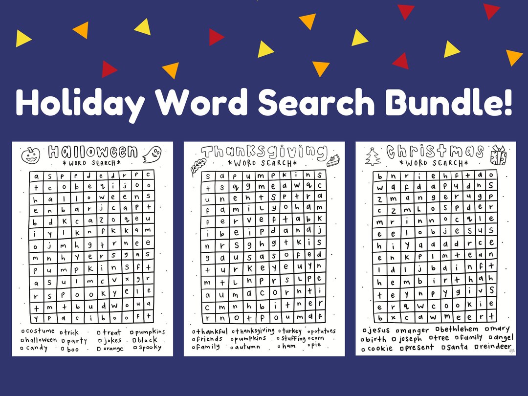 Holiday Word Search Printable Bundle: Halloween, Thanksgiving ...
