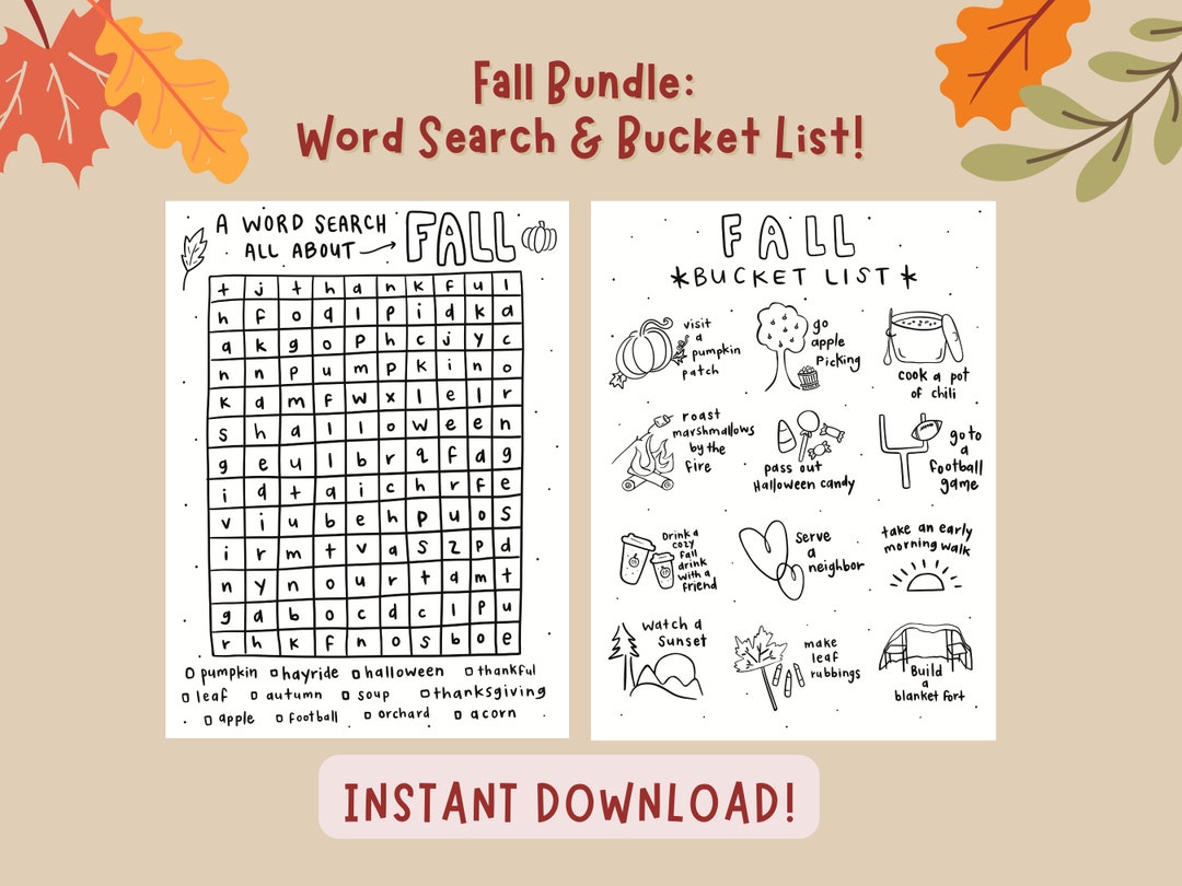 Fall Bucket List & Word Search Printables: Autumn Activity Pages ...