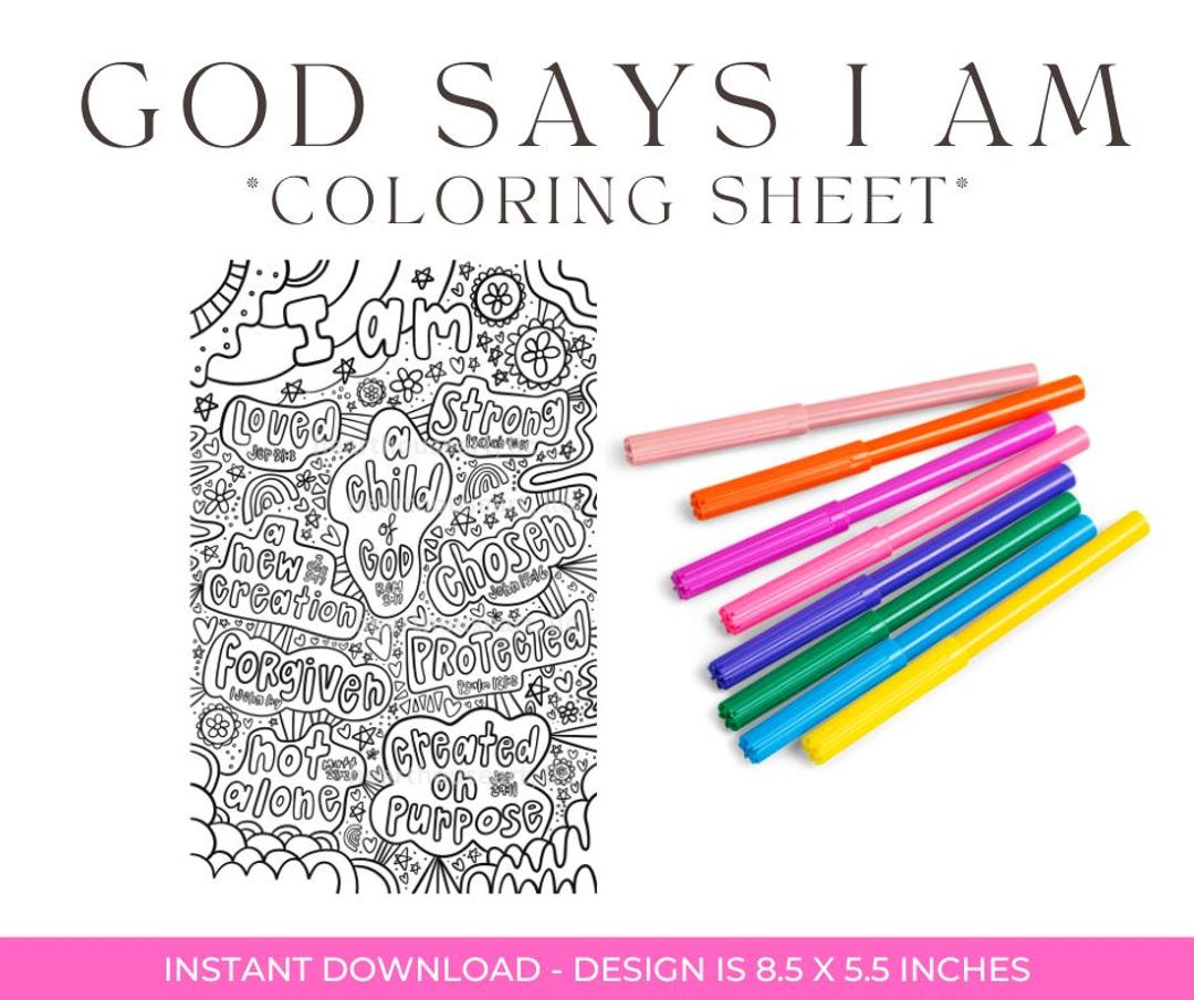 God Says I Am Coloring Page, Christian Printable Card (PDF Download) - Etsy