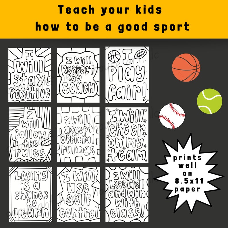 Sports Coloring Pages: Kids Affirmations, Good Sportsmanship (PDF) - Etsy