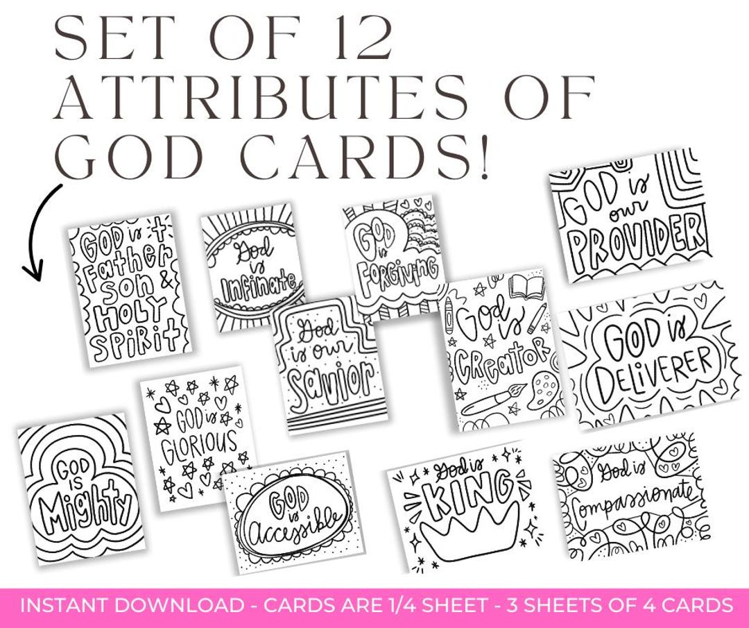 Printable Christian Coloring Cards | 12 Attributes of God | Scripture ...