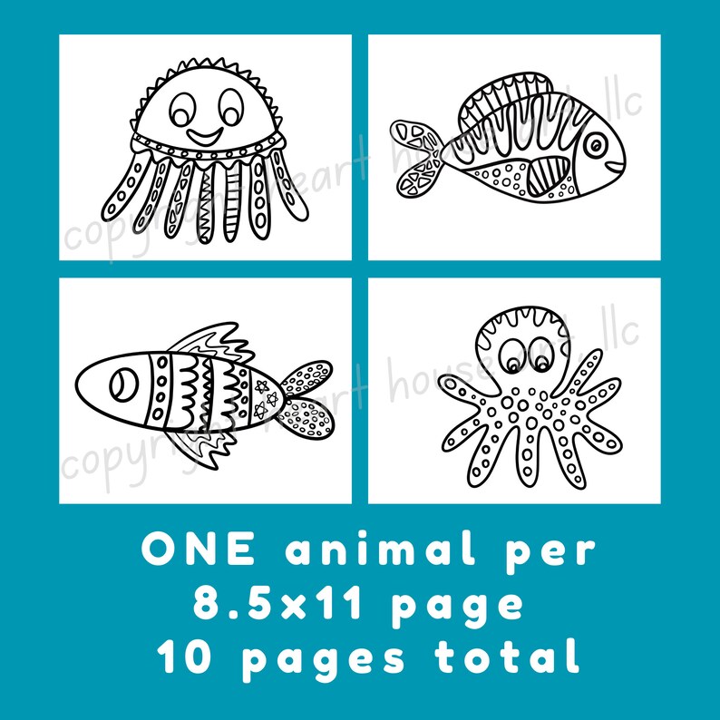 Ocean Animals Coloring Pages: Kids Doodle Art (PDF Download) - Etsy