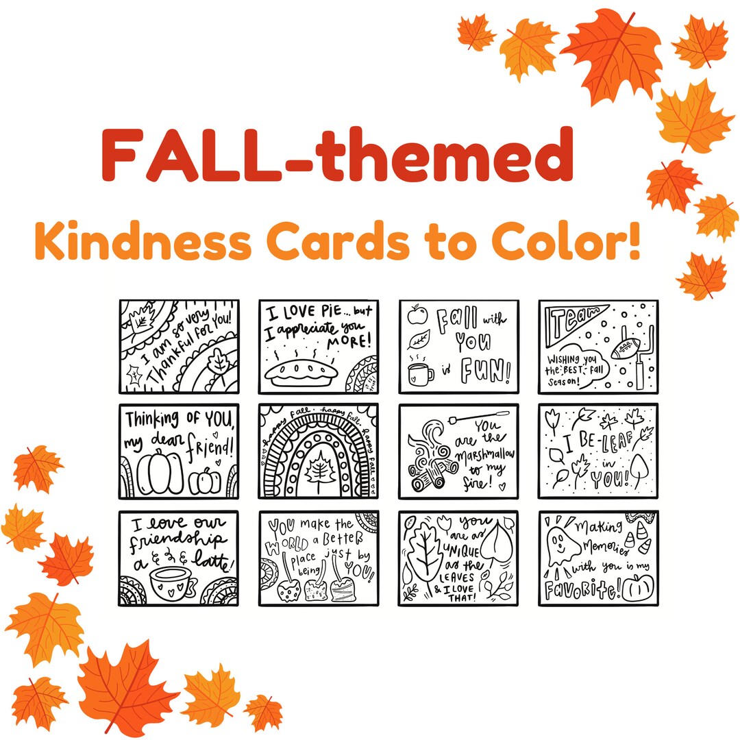 Fall Kindness Cards to Color: Printable Lunch Box Notes, Fall Coloring ...