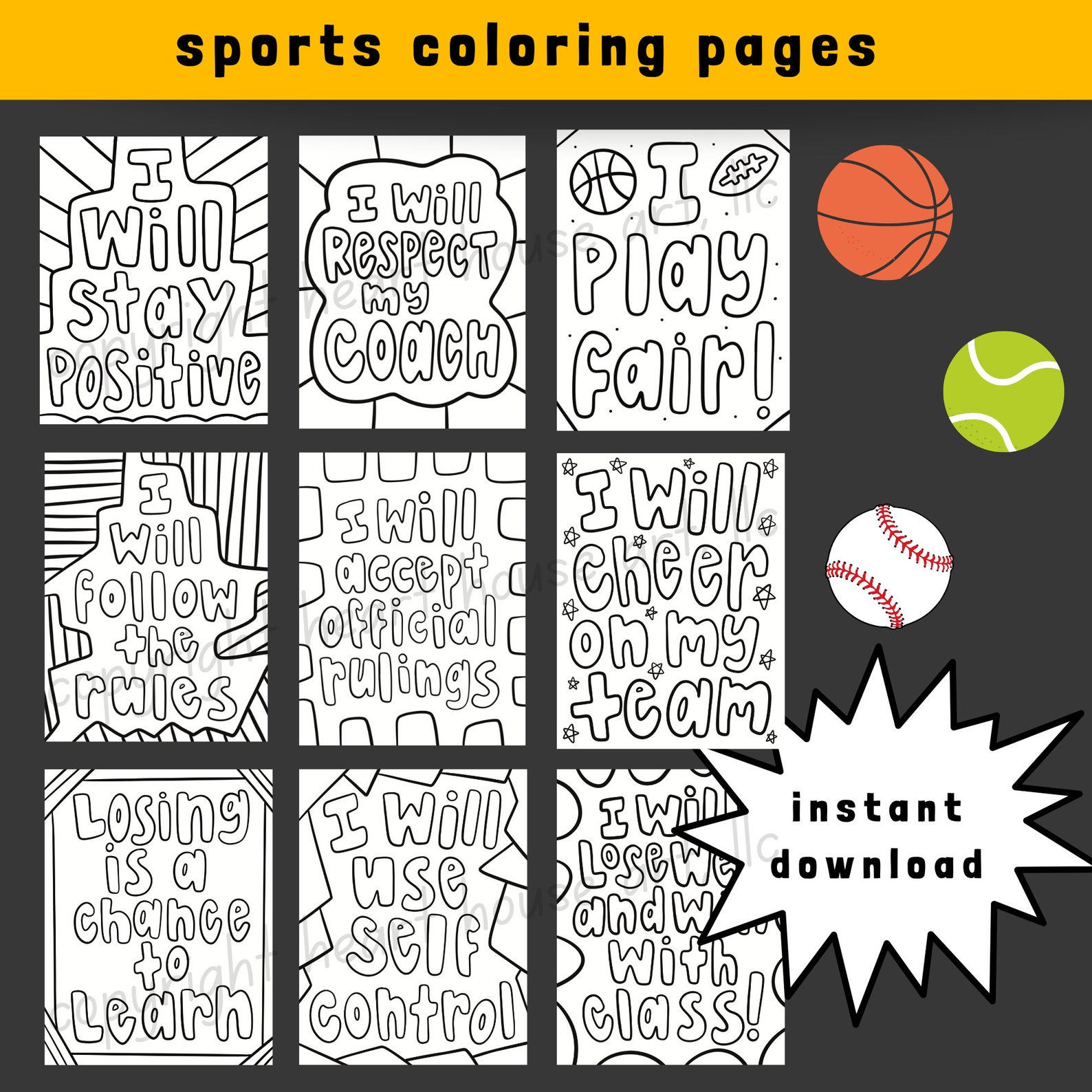 Sports Coloring Pages: Kids Affirmations, Good Sportsmanship (PDF) - Etsy