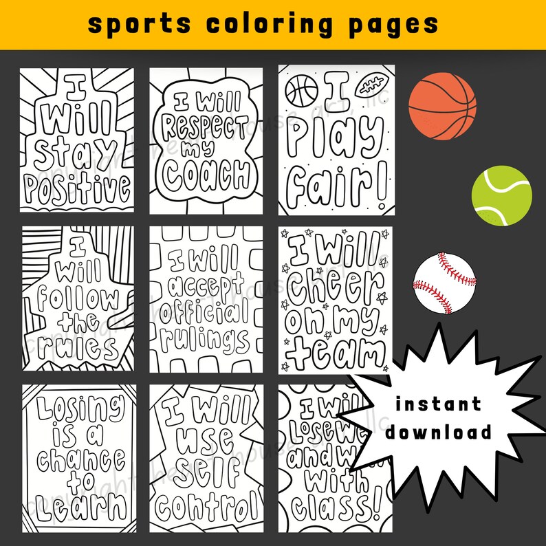 Sports Coloring Pages: Kids Affirmations, Good Sportsmanship (PDF) - Etsy