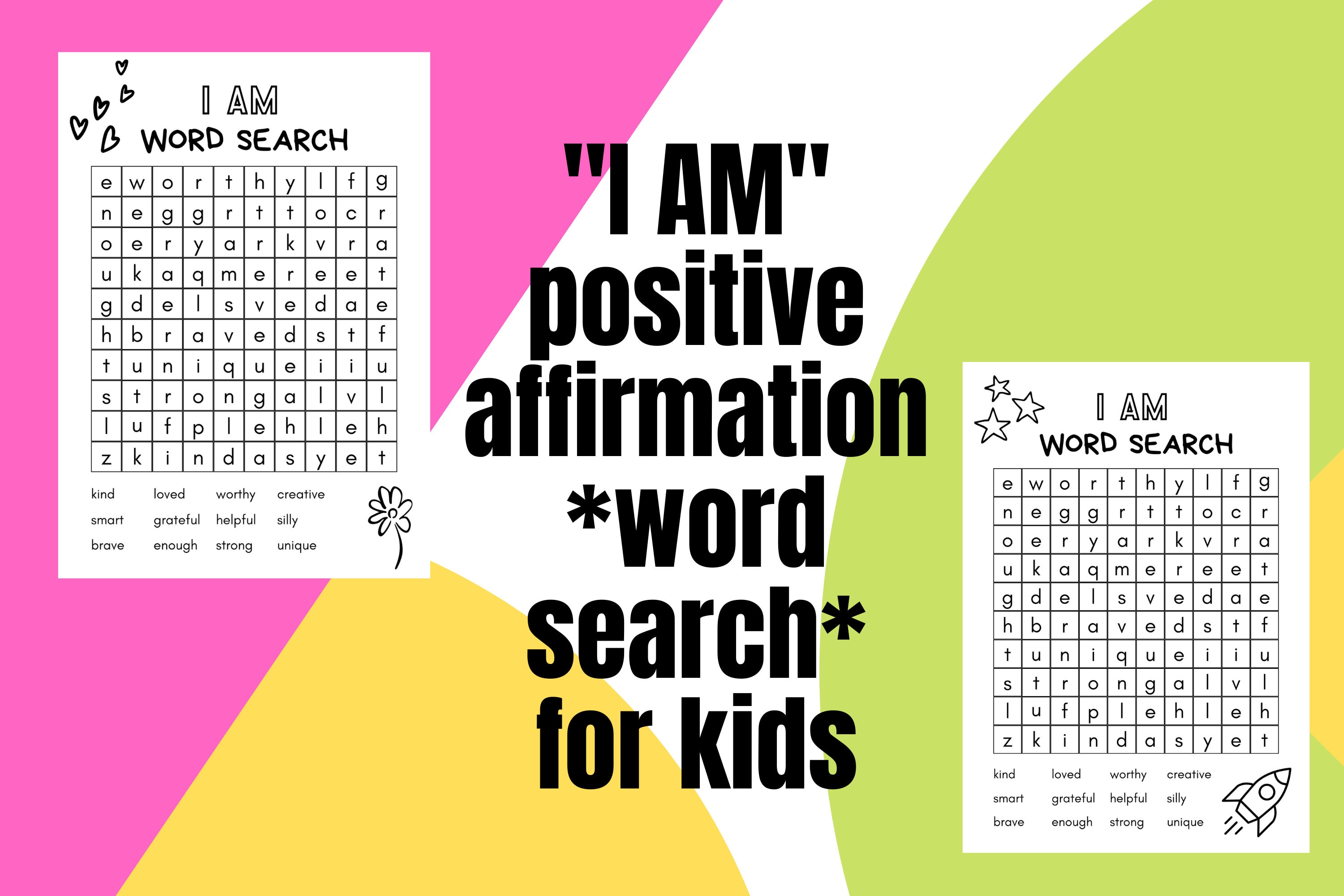 Kids' Word Search Printable, Positive Affirmation Word Search, I Am ...