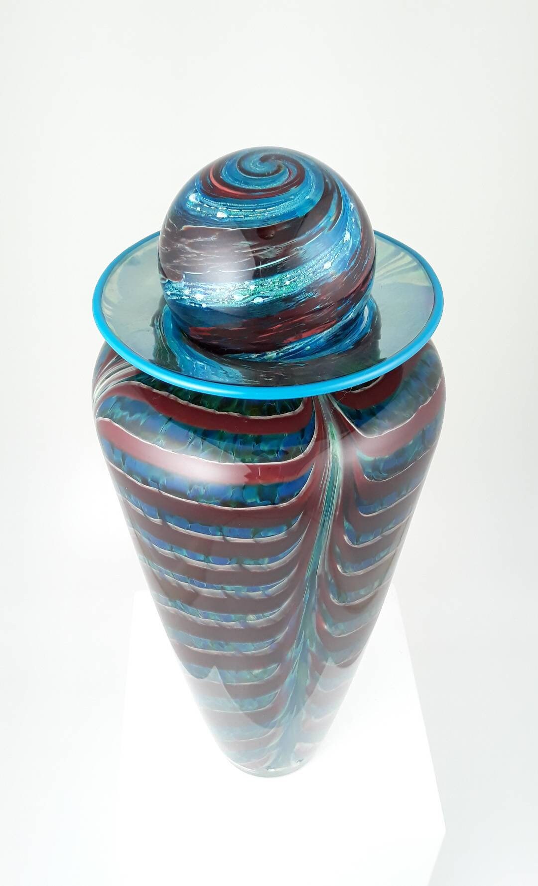 Tall Feathered Glass Vase With Swirled Round Paperweight Seated Top. - Etsy