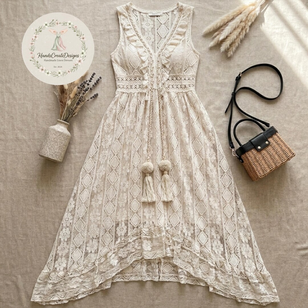 Cream Boho Lace Maxi Dress Crochet Beach Sundress for Women, Romantic ...