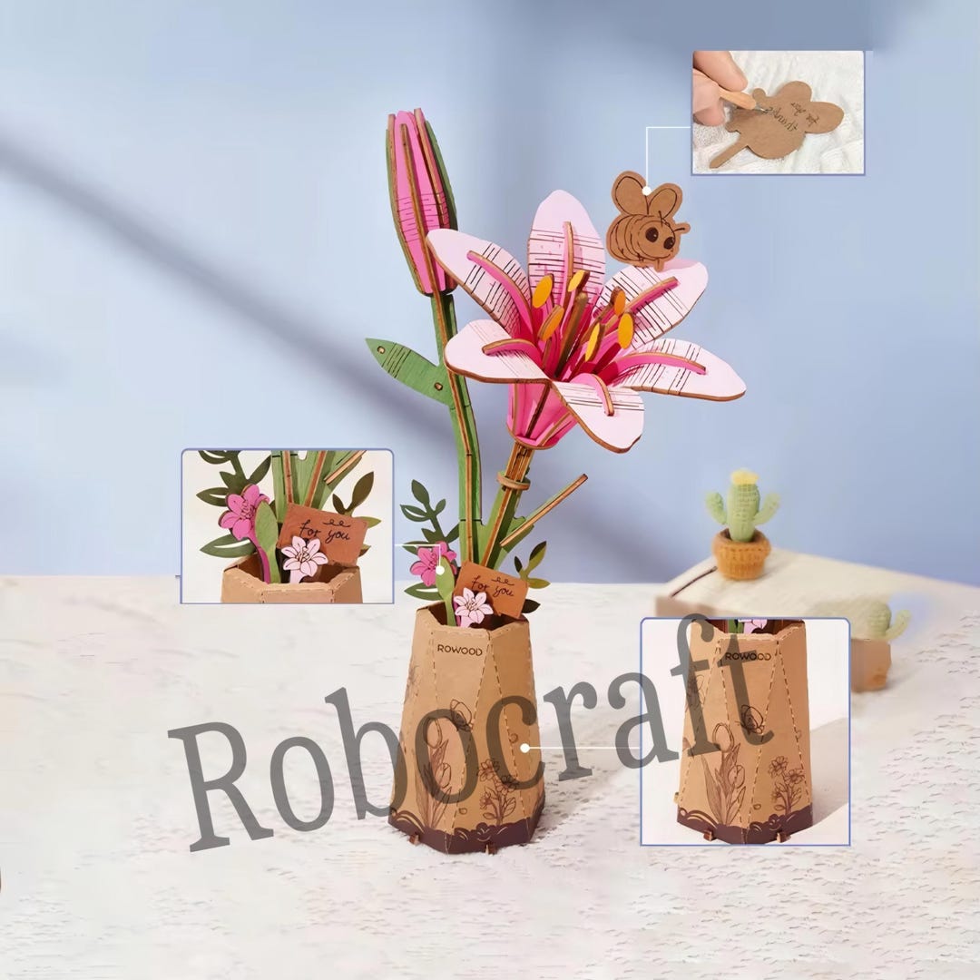 Handmade Wooden Flower Puzzle -DIY 3D Pink Lily Flower Bouquet Handmade ...