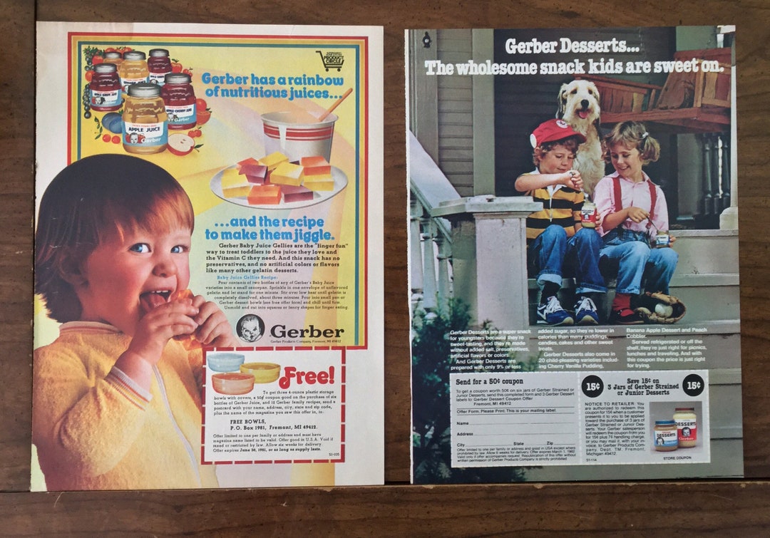 GERBER Vintage Magazine Ads 2 1981 Bowl Promo 1982 Gerber Desserts ...