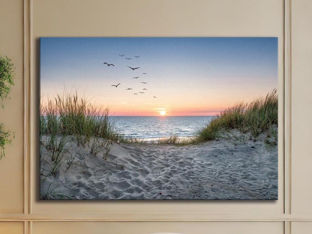 Sand Dunes Beach Sunset Canvas Wall Art - Stunning Seascape With Birds ...